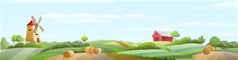 여름 농장 풍경 정원과 구불구불한 언덕 시골 풍경 필드 풍차 및 헛간 귀여운 재미있는 만화 디자인 일러스트 플랫 스타일 벡터 개념에 대한 스톡 벡터 아트 및 기타 이미지
