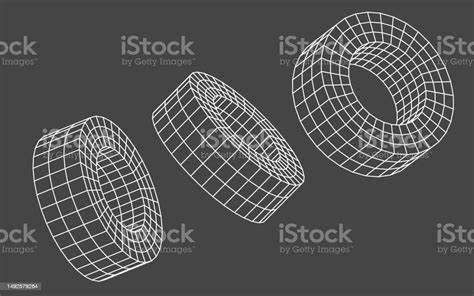 와이어프레임 중공 실린더는 검은색 배경에 분리되어 있습니다 기하학적 선의 추상 메쉬 링 윤곽선 흰색 그리드 3d 렌더링 그림 세트 디지털 기술 디자인 모형 그래픽 개체