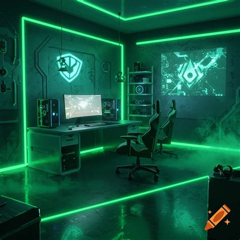 A Futuristic Green Gaming Room With Neon Lights Two Gaming Chairs A