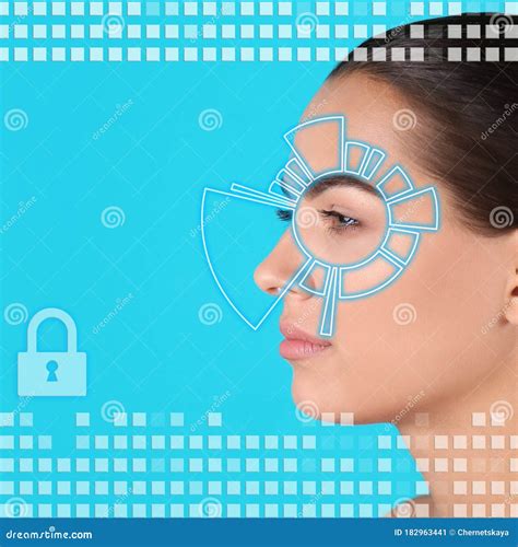 Facial Recognition Woman Scanned By Iris On Blue Background Stock Image Image Of Computer