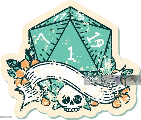 Gaya Tato Retro Alami Satu Dadu Lempar Dadu D20 Alami Ilustrasi Stok