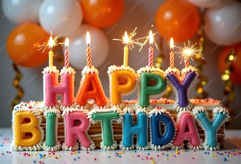 Colorful Happy Birthday Cake With Letter Candles And Sparkler