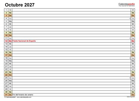 Calendario Octubre 2027 10 Plantillas Pdf Para Imprimir