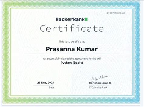 Earned Python Certificate On Hackerrank Prasanna Kumar Posted On The