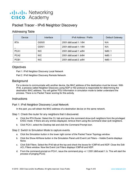 Packet Tracer IPv Neighbor Discovery Addressing Table Device Interface IPv