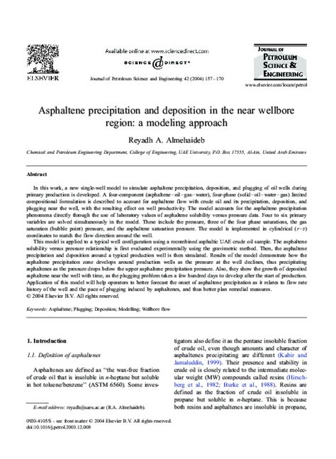 Pdf Asphaltene Precipitation And Deposition In The Near Wellbore Region A Modeling Approach