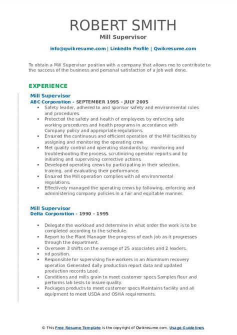 10 Mill Supervisor Resume Samples And Templates For 2025