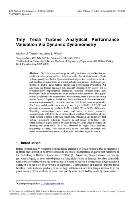 Pdf Tiny Tesla Turbine Analytical Performance Validation Via Dynamic Dynamometry
