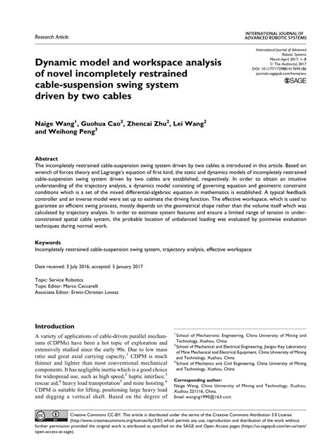 Pdf Dynamic Model And Workspace Analysis Of Novel Incompletely Restrained Cable Suspension