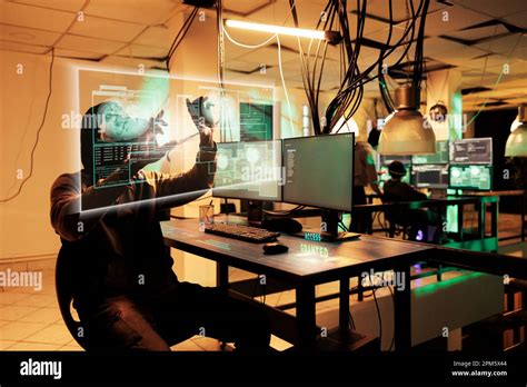 african american hacker breaching database with holograms and ai using