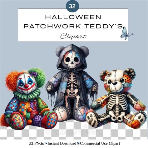 Halloween Patchwork Teddy Bear Clipart Png Bundle Watercolour Teddy Bears Patch Work Teddys Junk