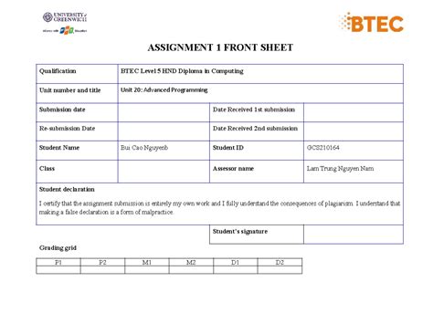 1651 Asm1 Gcs 2024 Assignment 1 Front Sheet Qualification Btec Level