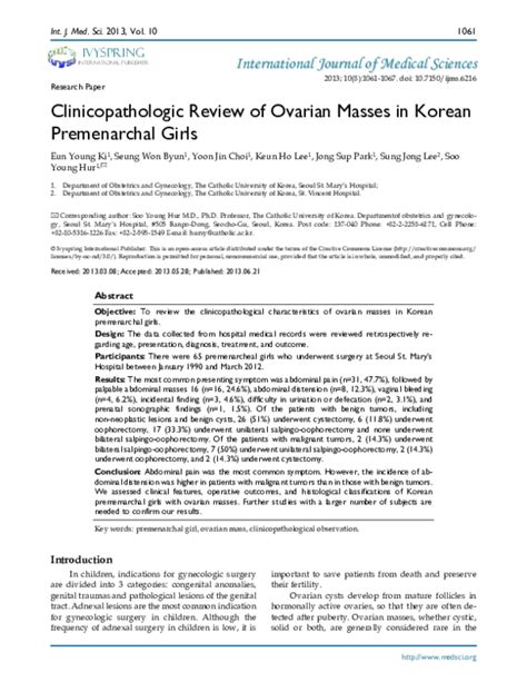 Pdf Clinicopathologic Review Of Ovarian Masses In Korean Premenarchal