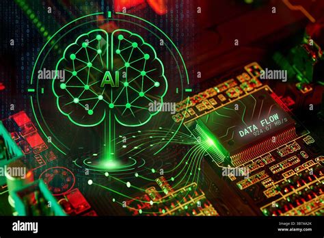 A Green Glowing Ai Brain Icon Overlaid On A Circuit Board And Binary