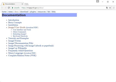 my imagej เปิดส่วน documentation section ของ เว็บไซต์ imagej