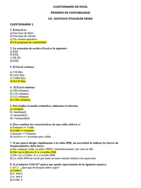 Cuestionario De Excel 1cont Descargar Gratis Pdf Microsoft Excel