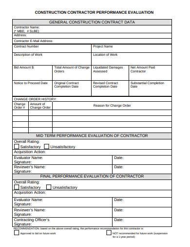 Free 11 Contractor Performance Evaluation Samples In Pdf Ms Word