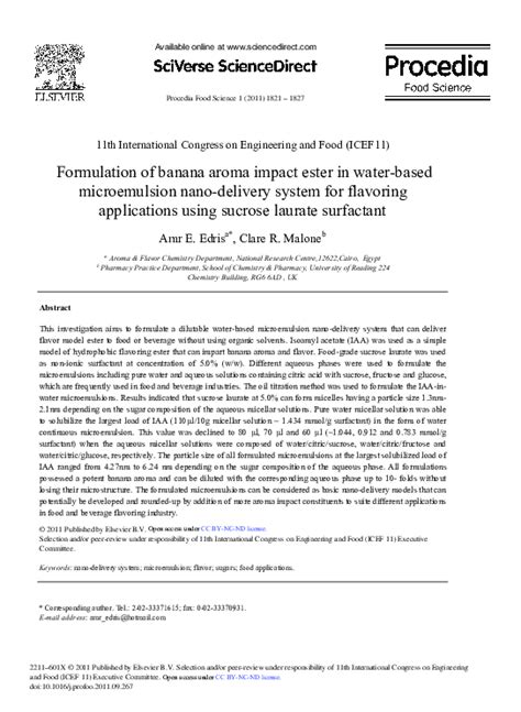Pdf Formulation Of Banana Aroma Impact Ester In Water Based Microemulsion Nano Delivery System
