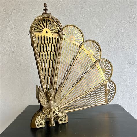 Antique Brass Folding Peacock Fire Screen