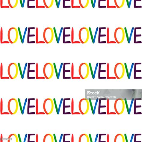 흰색 배경 에 Lgbt 무지개 색상 플래그에서 원활한 패턴 단어 Love 고립 필기 편지 Lgbtq 반복 장식품 레즈비언 게이 양성애자 등 기호 사랑 기호 예술 트렌디 한