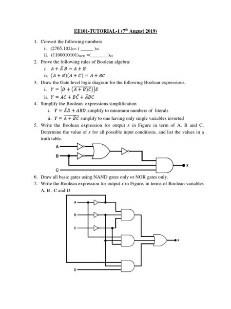 Ee101 Tutorial 1 Pdf Boolean Algebra Teaching Mathematics