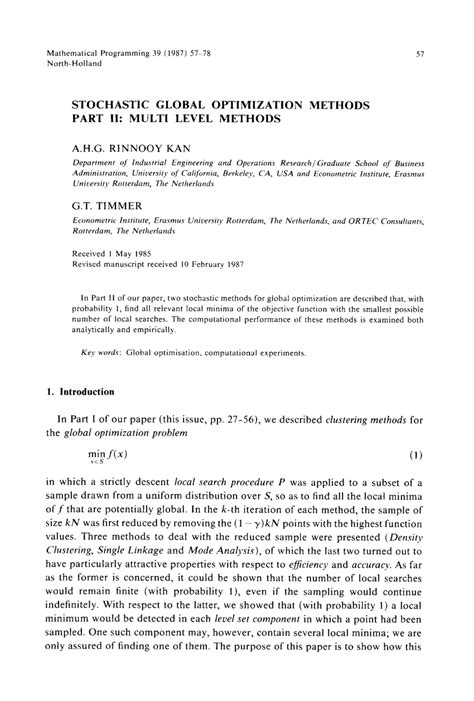 Pdf Stochastic Global Optimization Methods Part Ii Multi Level Methods
