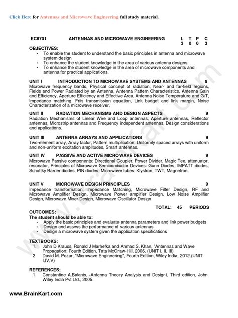 360 Ec8701 Antennas And Microwave Engineering Anna University 2017 Regulation Syllabus Pdf
