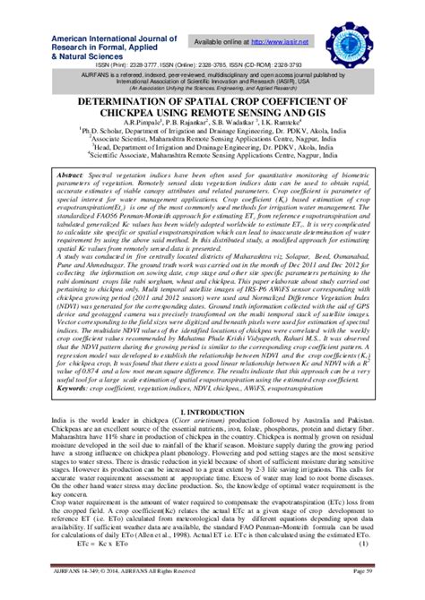 Pdf Determination Of Spatial Crop Coefficient Of Chickpea Using Remote Sensing And Gis