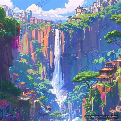Ai创作图动画场景素材 动画场景图 风景场景插画 动画场景海报 Q版场景 瀑布上的古镇 风景区插画 风景原画 中部梦幻城插画素材 场景原画