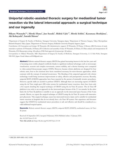 Pdf Uniportal Robotic Assisted Thoracic Surgery For Mediastinal Tumor Resection Via The