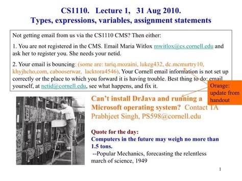Ppt Cs1110 Lecture 1 31 Aug 2010 Types Expressions Variables