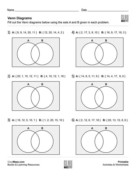 Union And Intersection Venn Diagram Worksheets The Vennuous