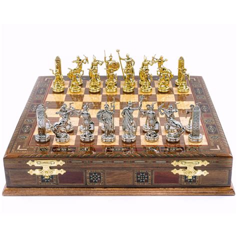 Handmade Inlay Storage Chess Set 38 Cm 15 Greek Poseidon Cooper