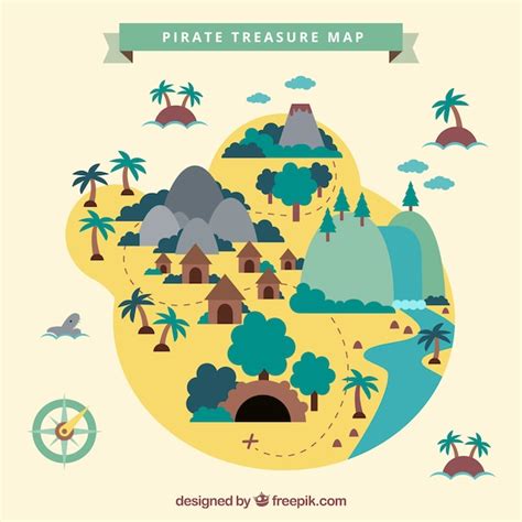 해적 보물이있는 평평한 섬 무료 벡터