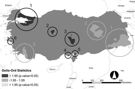 spatial distribution of getis ord local statistics and clusters of high
