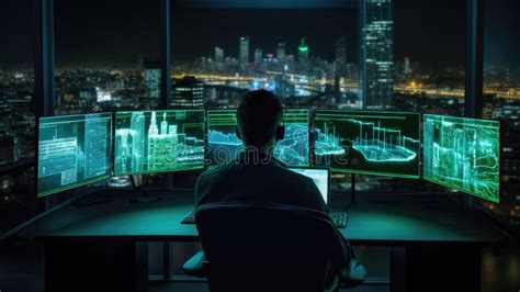 stock trader man using multiple monitors back view ai generated