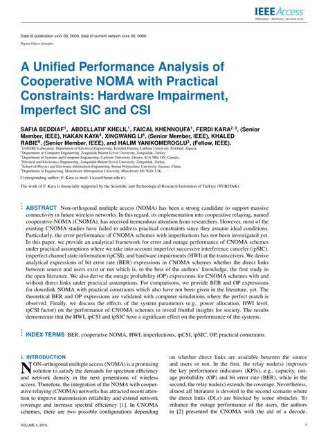 PDF A Unified Performance Analysis Of Cooperative NOMA With Practical Constraints Hardware