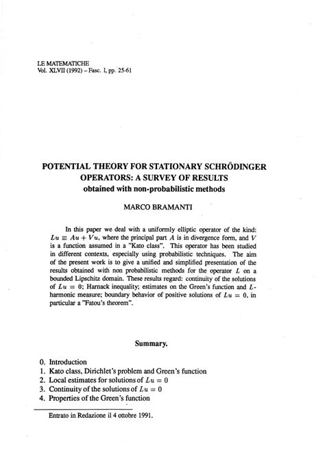 PDF Potential theory for stationary Schrödinger operators a survey of results obtained with