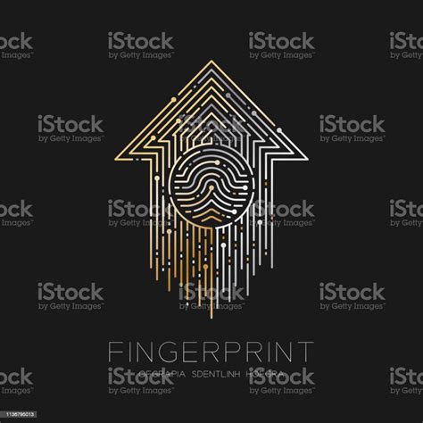 위쪽 화살표 기호 지문 스캔 패턴 로고 대시 라인 디지털 업로드 개념 편집 가능한 스트로크 그림은 및 골드 지문 텍스트와 공간을 가진 검은 배경에 고립 벡터 개성 개념에