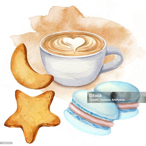 커피 한 잔 쿠키 마카롱 비스킷의 수채화 세트 손으로 그린 카푸치노 그림 수채화 물보라 배경에 커피 테마 모음 0명에 대한 스톡 벡터 아트 및 기타 이미지 Istock