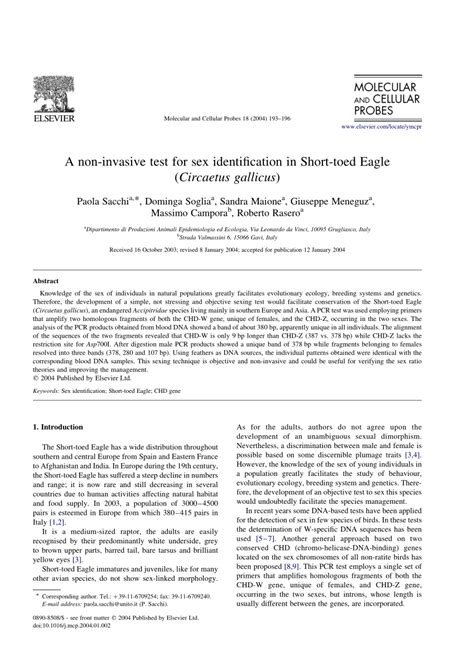 Pdf A Non Invasive Test For Sex Identification In Short Toed Eagle