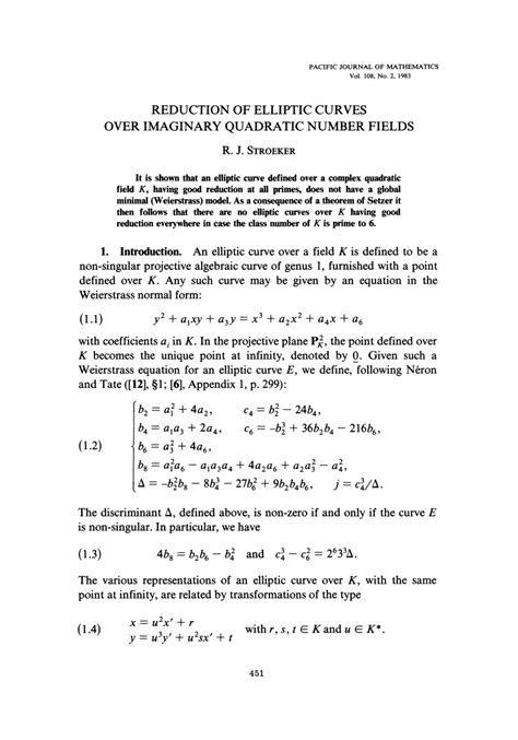 Pdf Reduction Of Elliptic Curves Over Imaginary Quadratic Number Fields