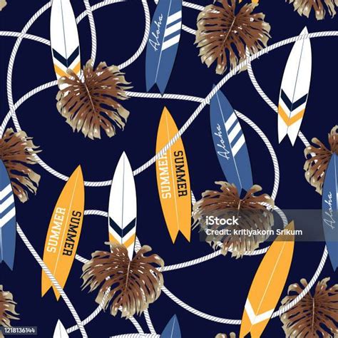 서핑 벡터와 선원 로프 원활한 패턴 배경 열대 식물 잎 여름 분위기 해변 분위기 에 어두운 해군 블루 배경 서핑 일러스트 디자인 서핑 수상 스포츠에 대한 스톡 벡터 아트 및