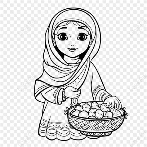 일부 야채를 들고 머리 스카프에 어린 소녀 색칠 페이지 개요 스케치 드로잉 벡터개요 예술라인 아트 Png 일러스트 무료 다운로드 Lovepik