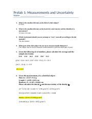 Pre Lab Measurements And Uncertainty Docx Prelab Measurements And Uncertainty Name