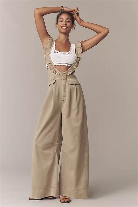By Anthropologie Ruffle Strap Washed Chino Overalls Anthropologie