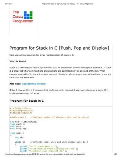 Program For Stack In C Push Pop And Display The Crazy Programmer