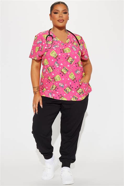 Love Glasses Spongebob Uniform Scrub Top Pink Combo Fashion Nova