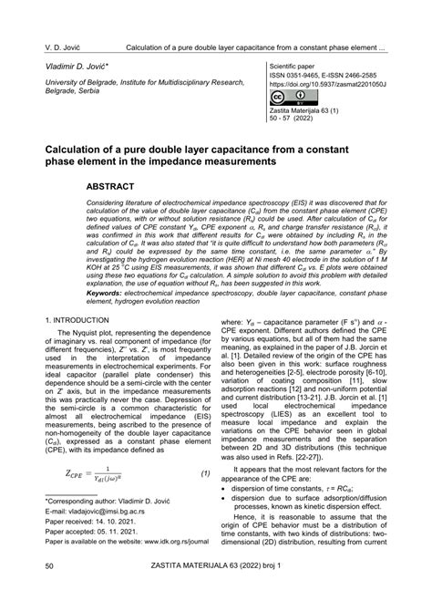 Pdf Calculation Of A Pure Double Layer Capacitance From A Constant Phase Element In The