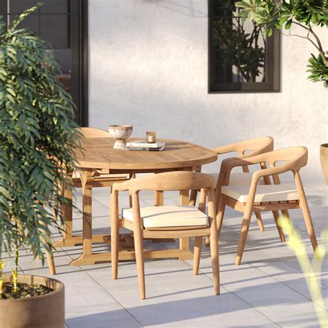 6 Seater Teak Garden Dining Set 120170cm Round To Oval Extending Ta